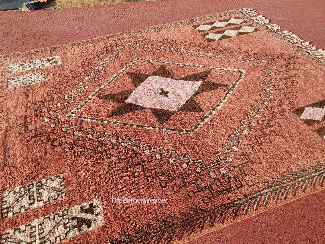 Pink Wool Rug 8x10ft Handmade Wool Rug Original Design With Fringes on ...