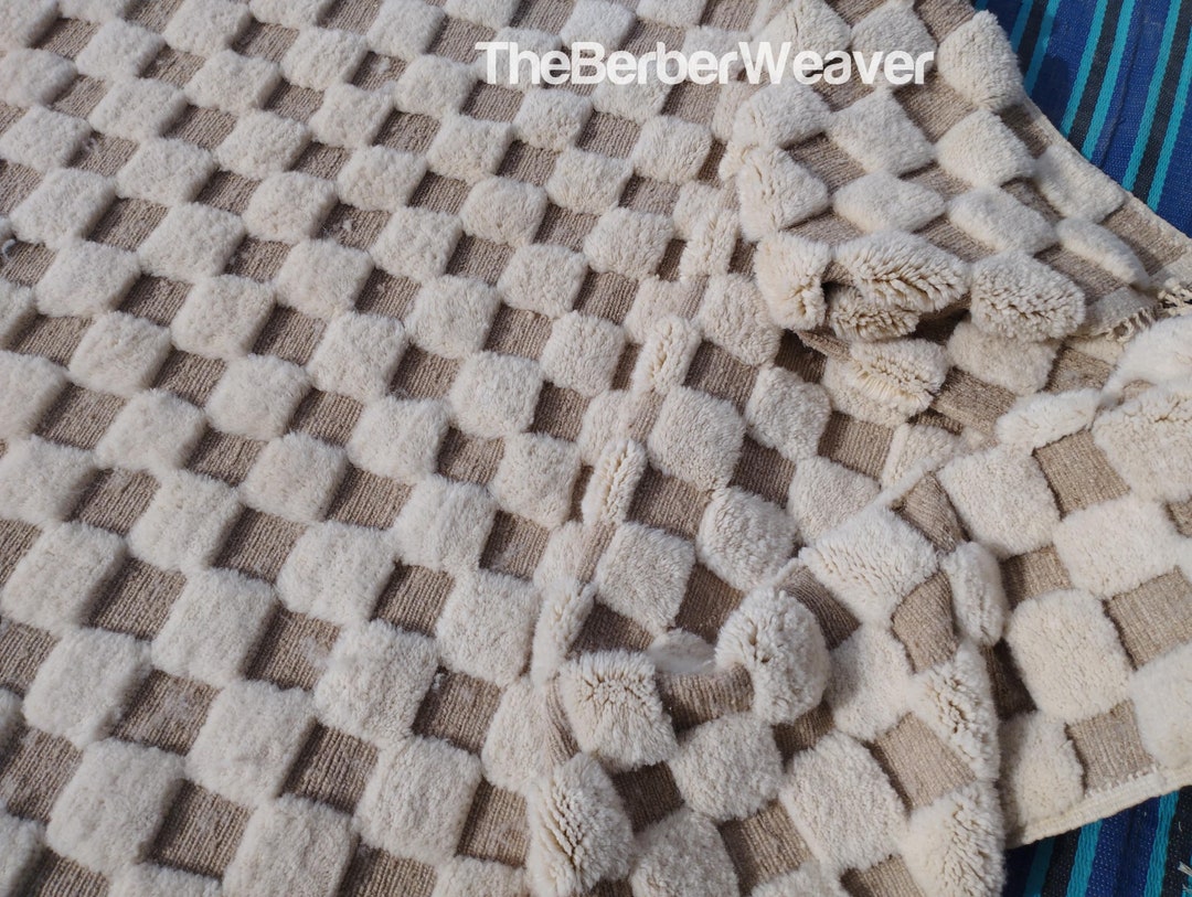 Checkered Rug, Moroccan Handmade Wool Rug, White High Pile and Natural ...