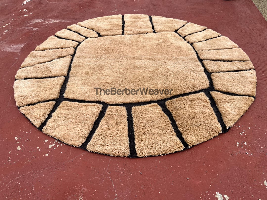 Beige Round Rug, Moroccan Handmade Round Rug, Made With Beige and Black ...