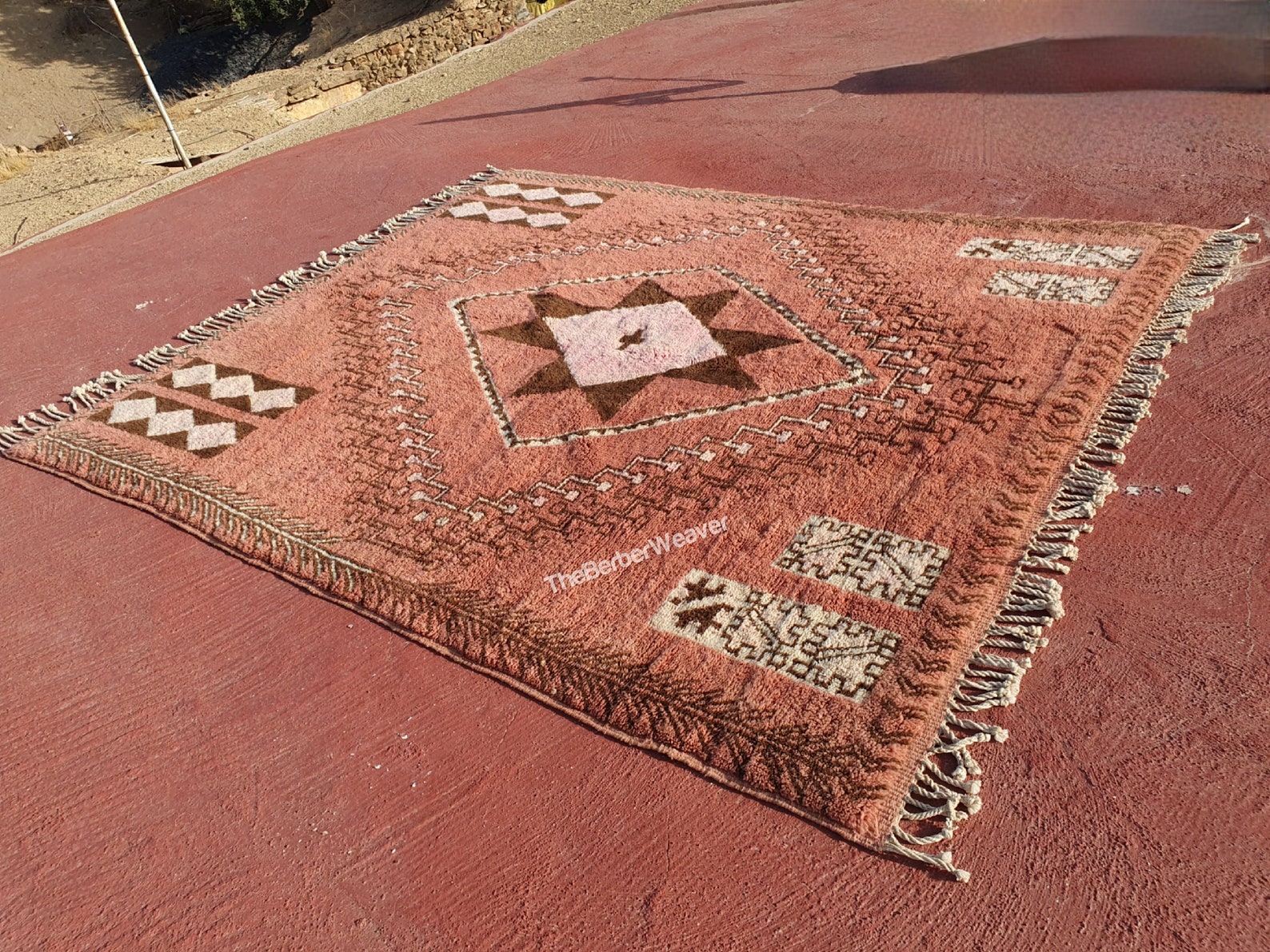 Pink Wool Rug 8x10ft Handmade Wool Rug Original Design With Fringes on ...