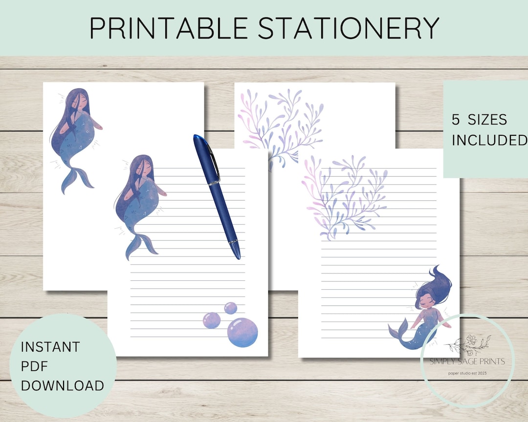 PRINTABLE Mermaid Stationery | Instant PDF Download | Lined & Unlined ...