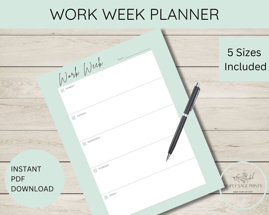 PRINTABLE Work Week Planner Sage Minimal Single Page Planner Office ...