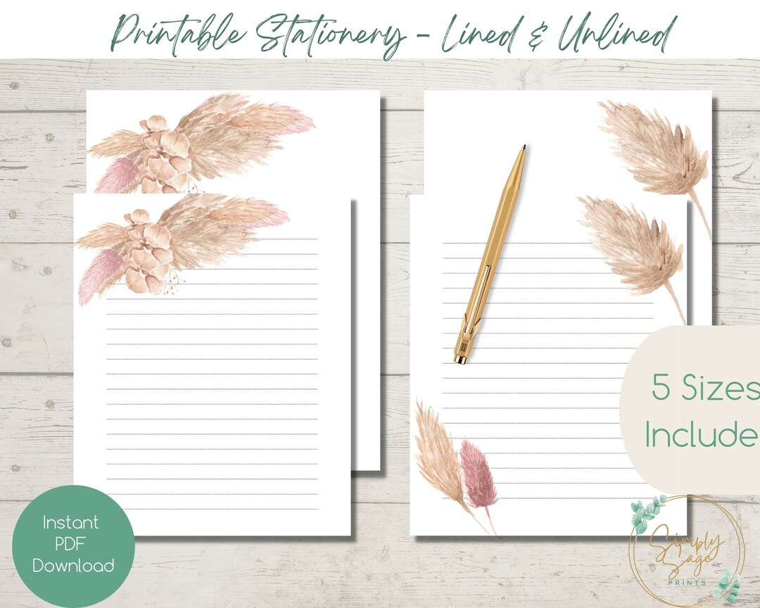 PRINTABLE Pampas Grass Boho Stationery Instant PDF Download Lined ...