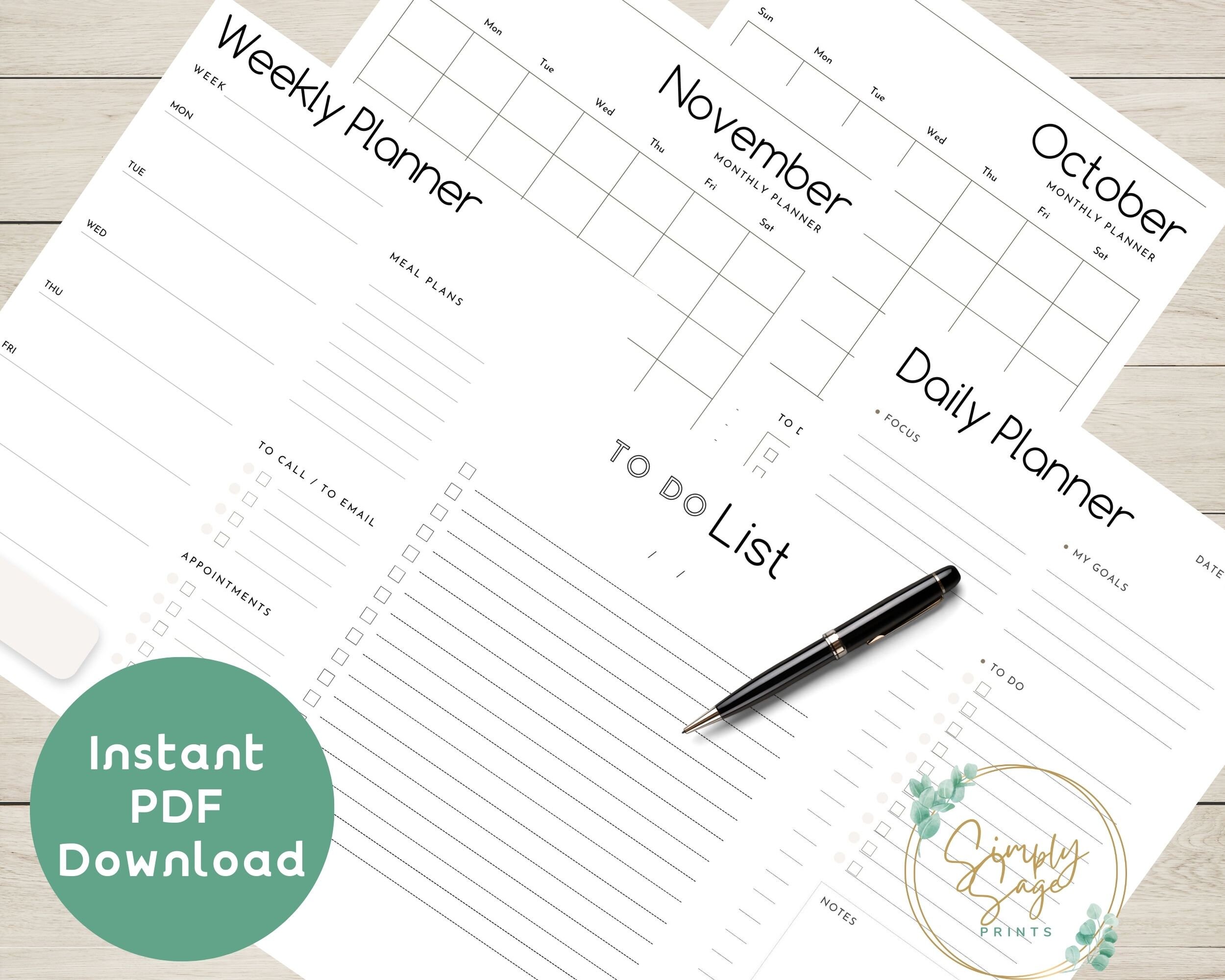 Minimalist Planner Printable: Monthly, Weekly, Daily, To-do (PDF ...