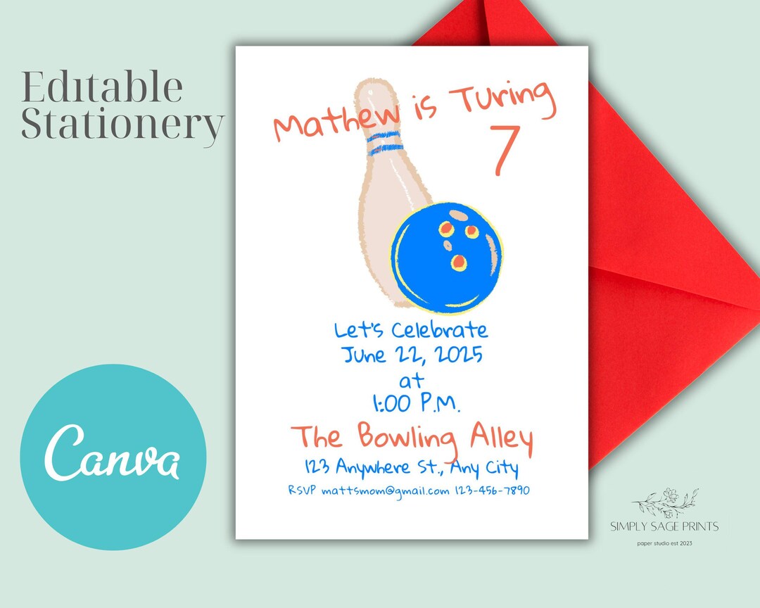Edit With Canva Bowling Party Invitation | Birthday Party Invitation ...