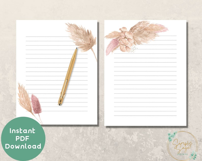 PRINTABLE Pampas Grass Boho Stationery Instant PDF Download Lined ...