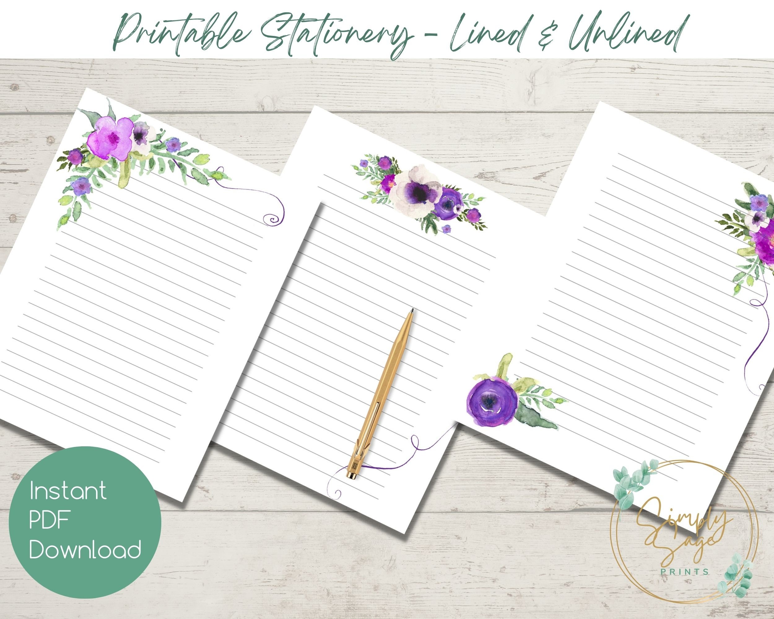 PRINTABLE Stationery Paper A4 US Letter Lined Unlined Digital Letter ...