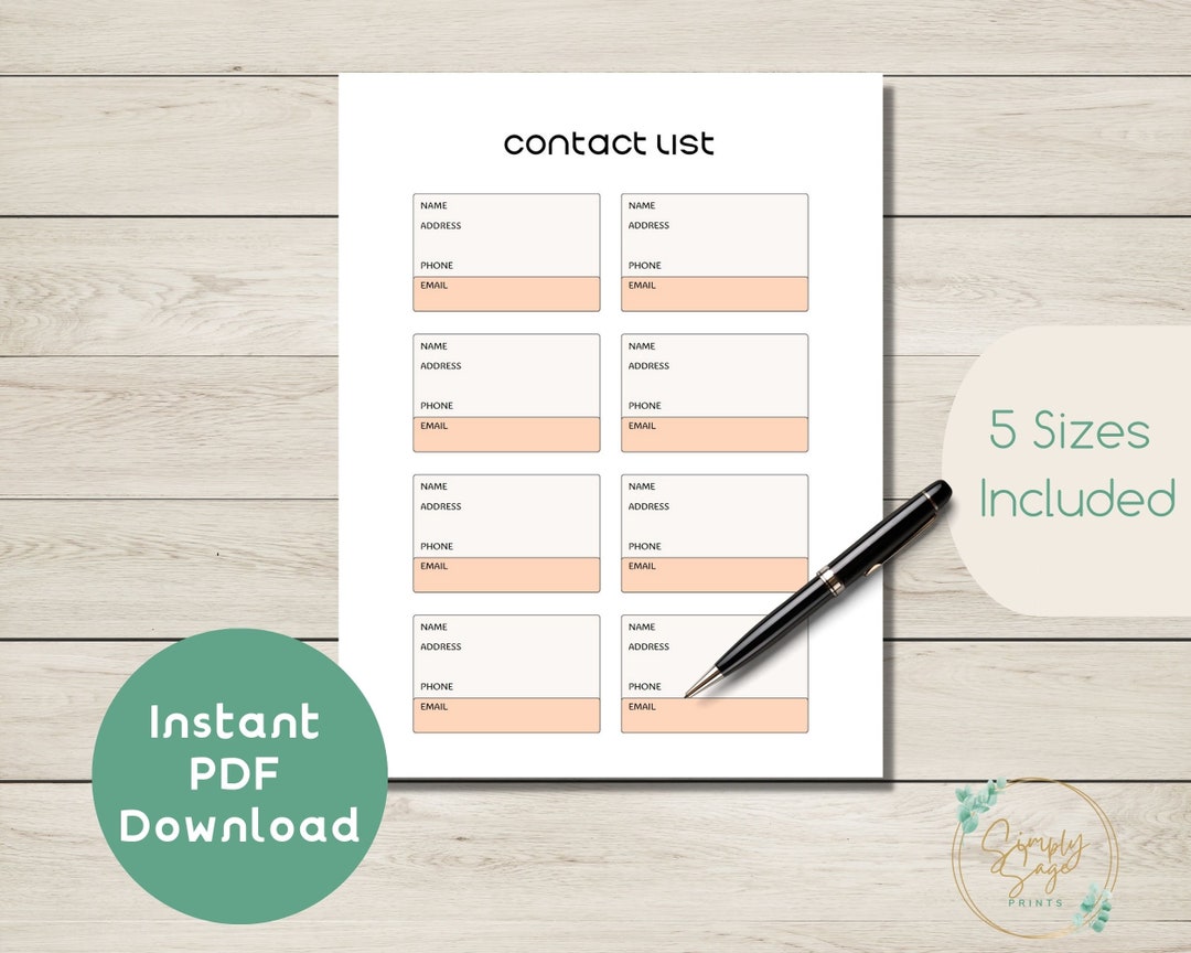 PRINTABLE Contacts Address Page Instant PDF Download - Etsy