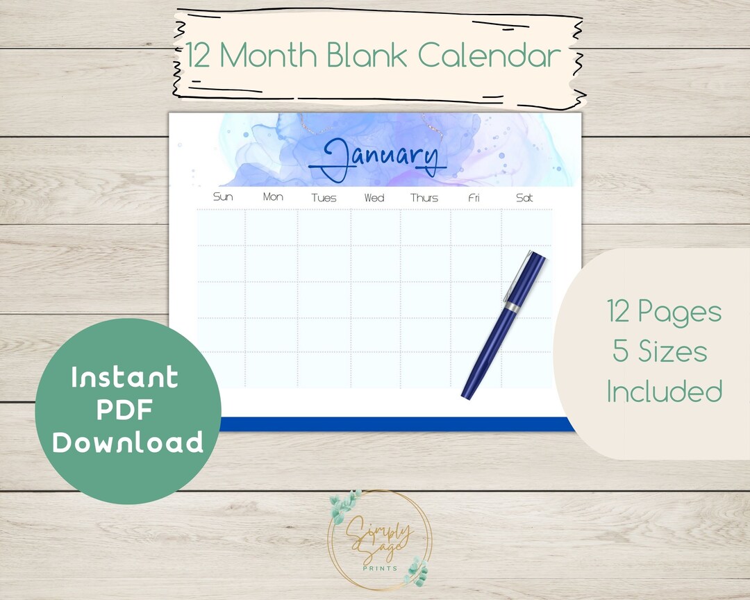 PRINTABLE Calendar 12 Month Simple Printable Calendar, Digital Download ...