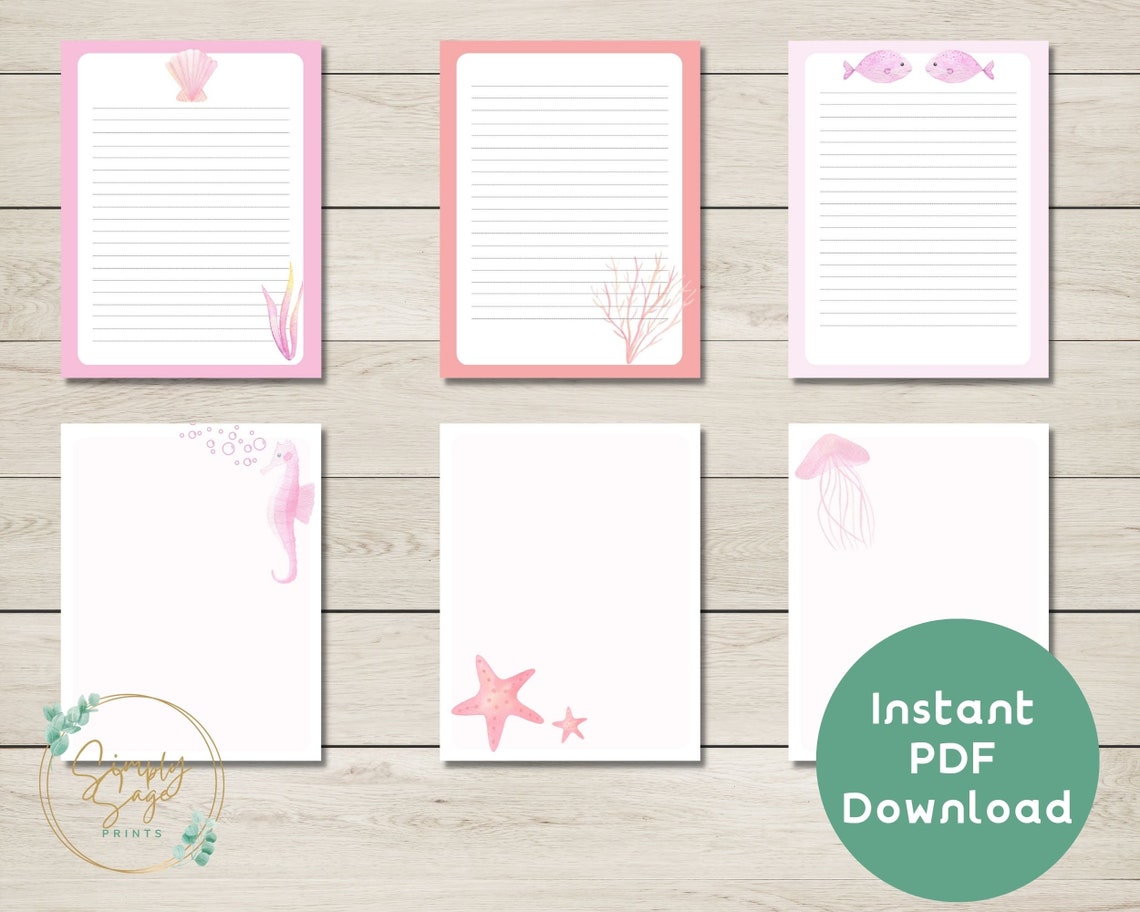PRINTABLE Stationery Instant PDF Download Sea Life Pen Pals Note Paper ...