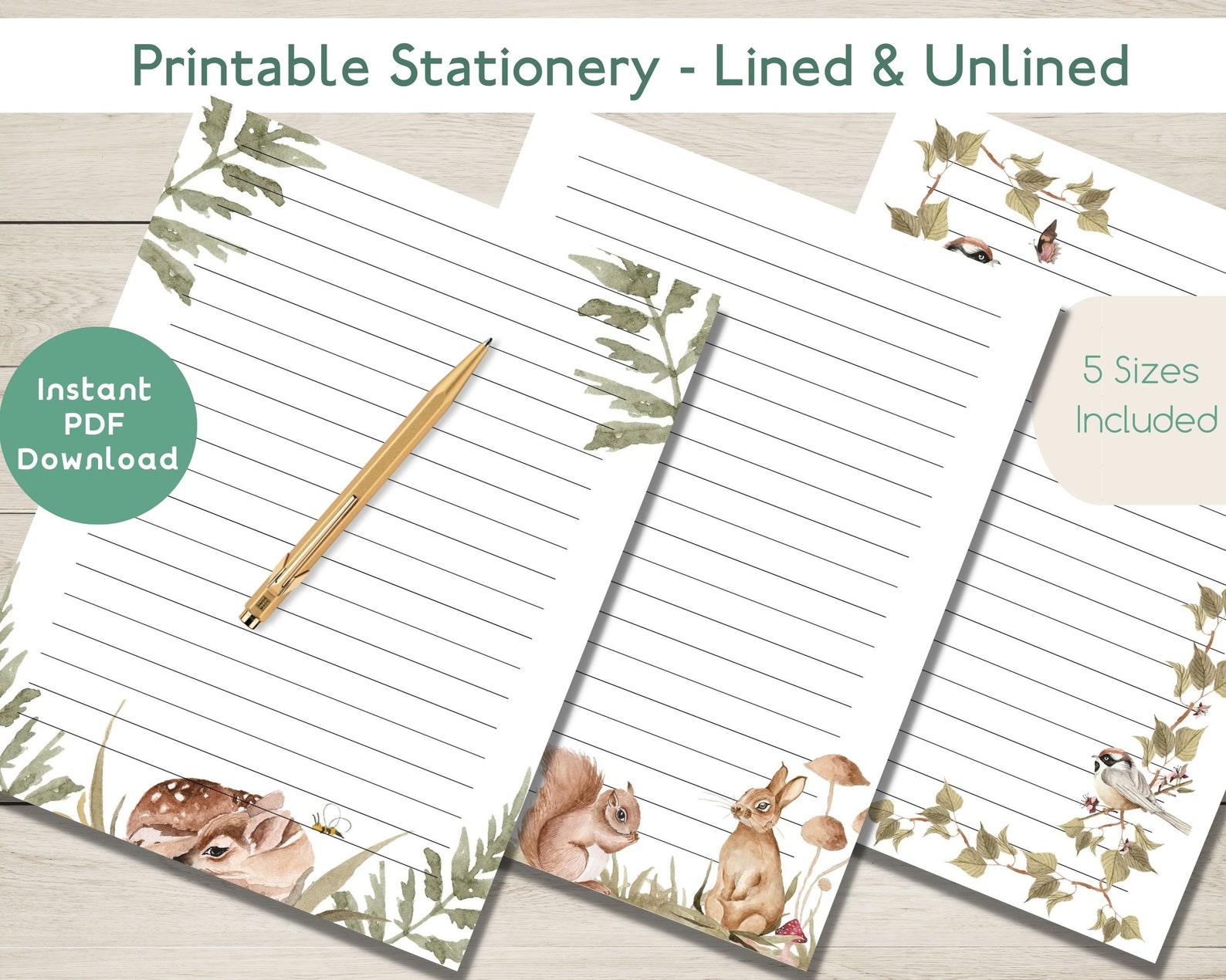 Woodland Animals Stationery: Lined & Unlined Paper (digital Download ...
