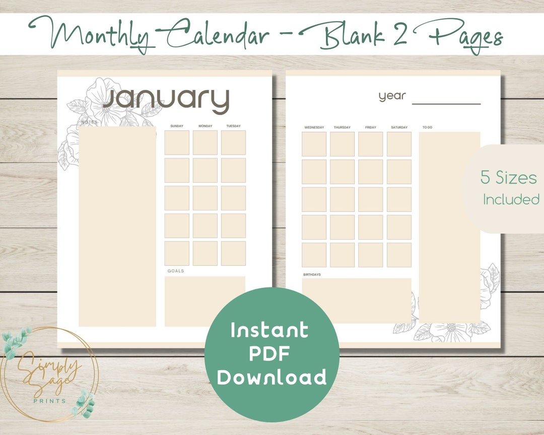 Blank 12-month Calendar: Minimalist Planner, 5 Sizes (PDF Download) - Etsy