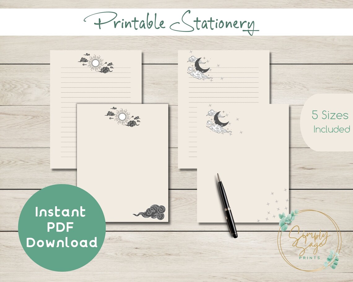PRINTABLE Stationery | Instant Download PDF | Penpals | Celestial | Sun ...