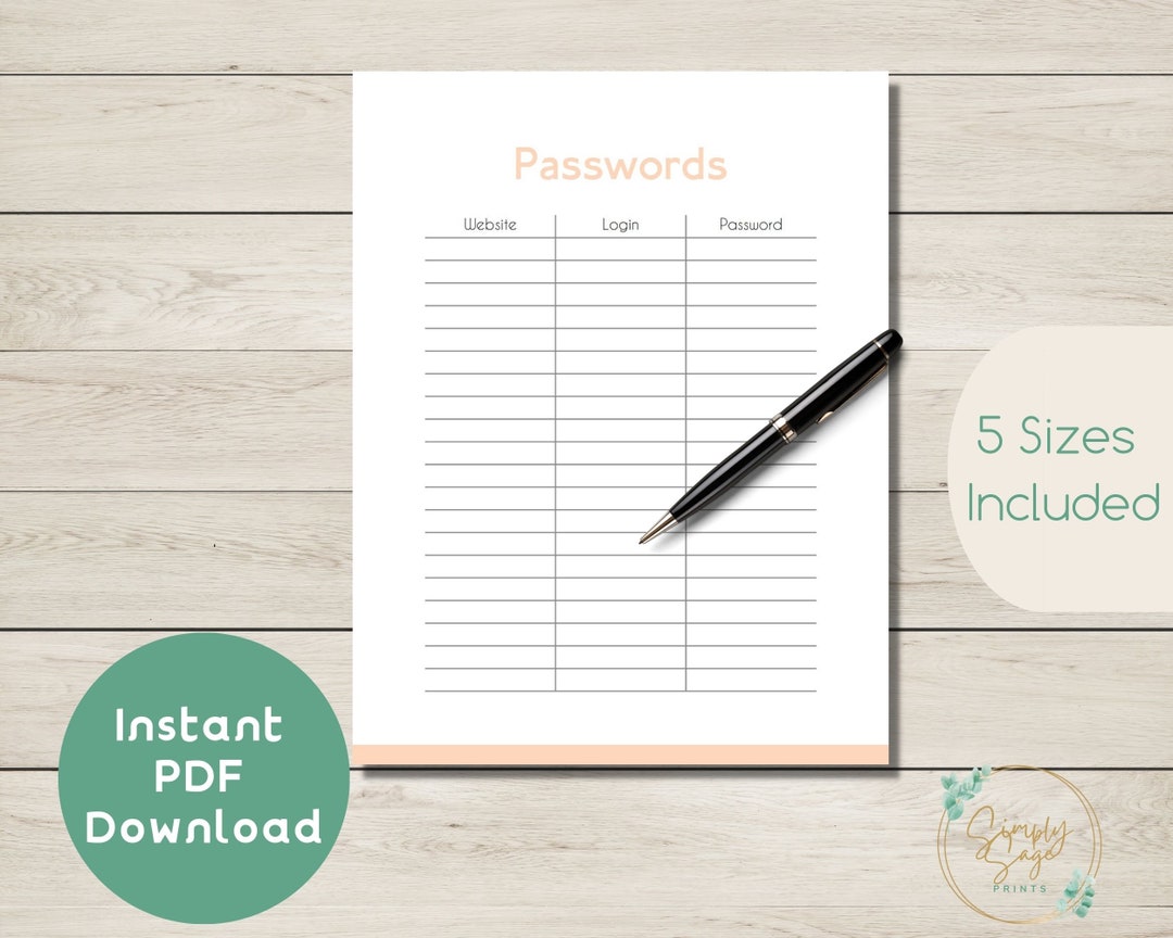 Pink Password Keeper Insert: Minimalist Planner Refill (PDF Download ...