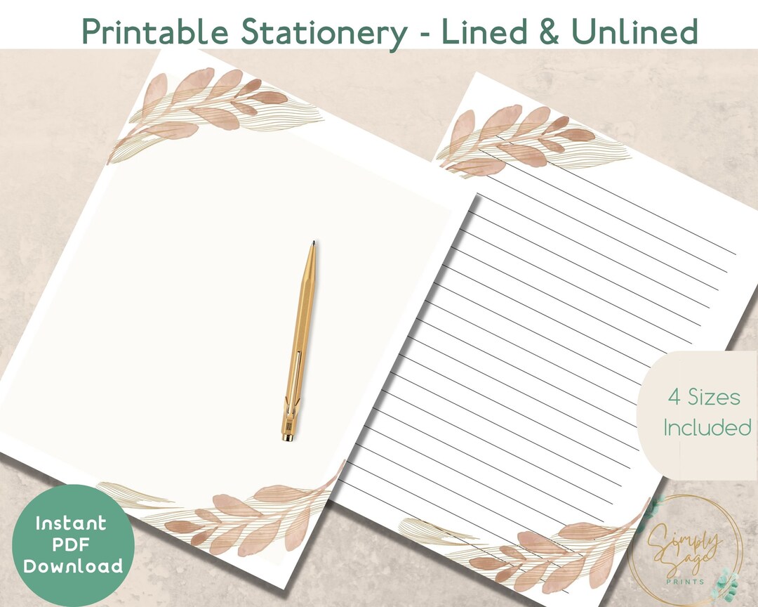 PRINTABLE Neutral Stationery Instant PDF Download Minimal Leaf Lined ...