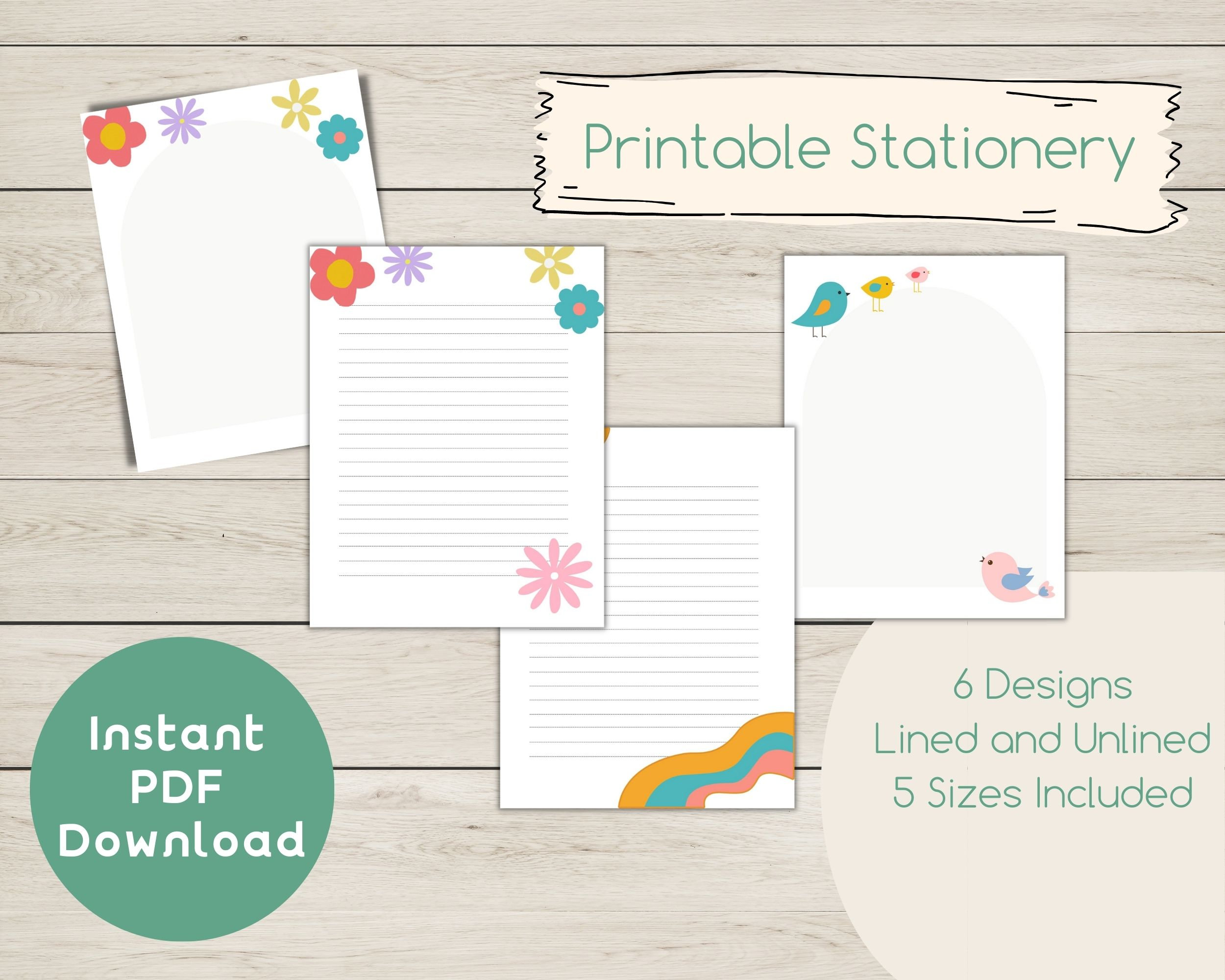 Printable Stationery Note Pages: Floral, Birds, Rainbows (PDF Download ...