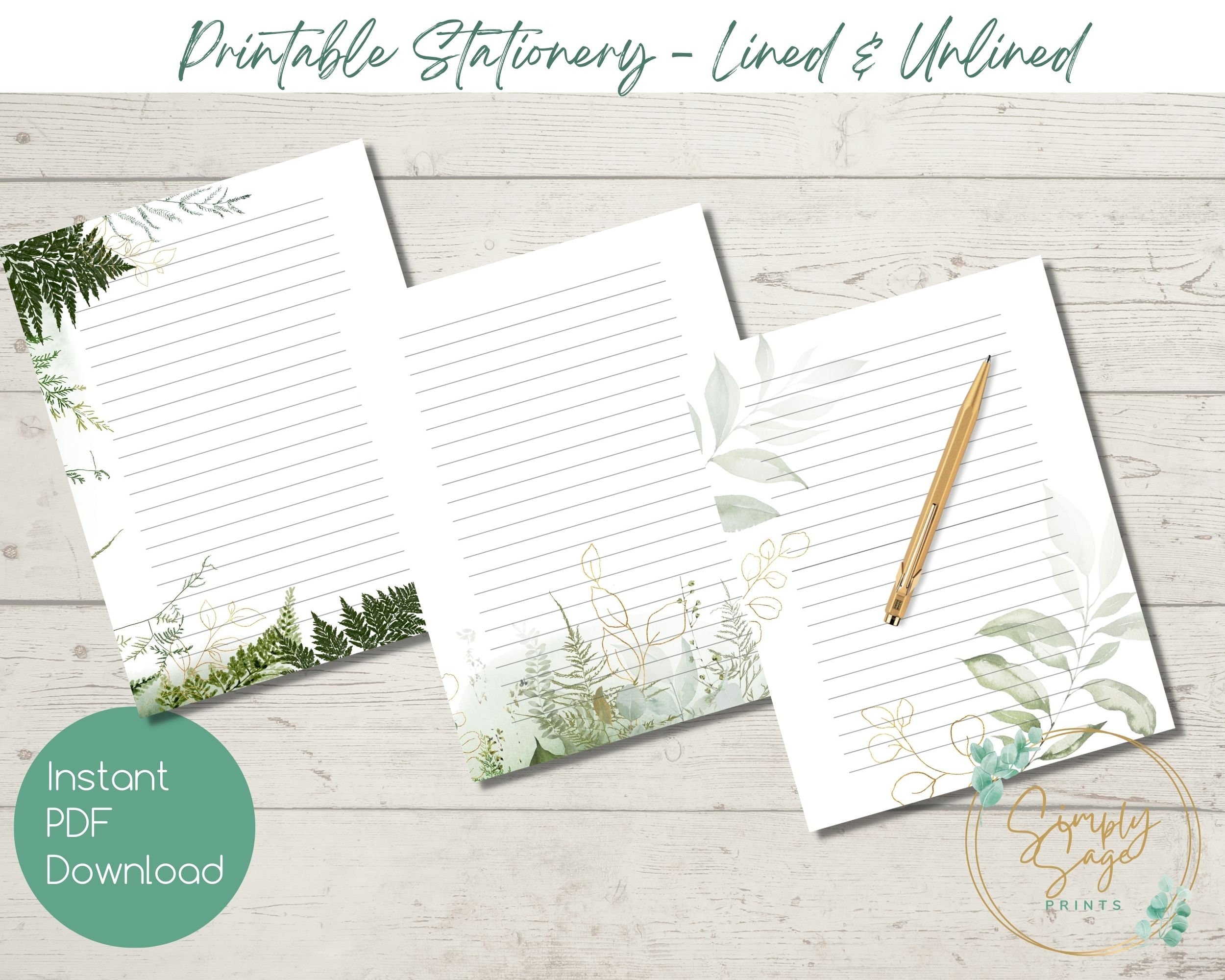 PRINTABLE Stationery Paper A4 US Letter Lined Unlined Digital Letter Writing Paper Golden Leaves ...