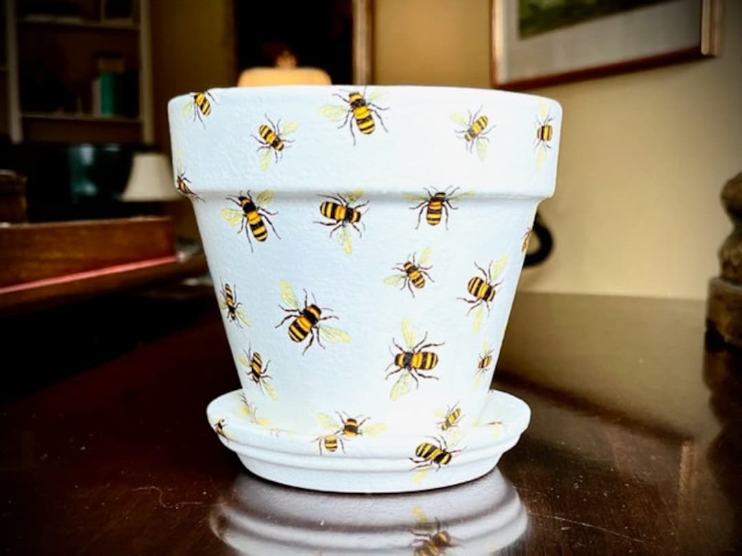 Honey Bee Decoupaged Flower Pot and Saucer, Buzzing Bees, Yellow Bees ...