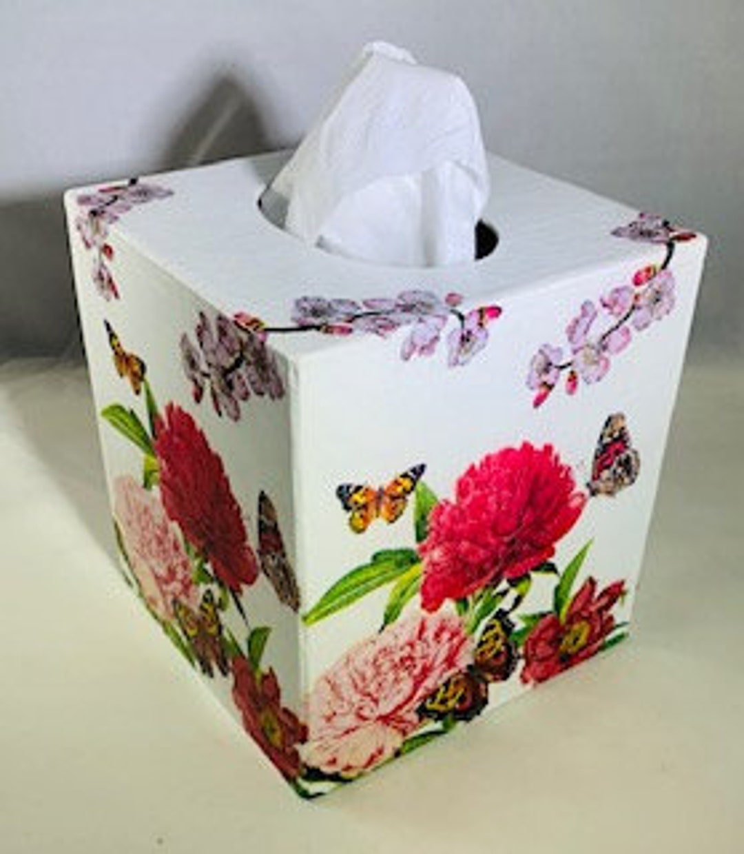 Pink Peony Decoupaged Tissue Box With Butterflies - Floral Décor ...