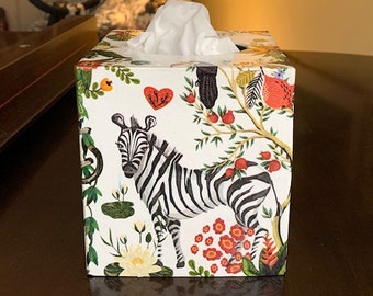 Handmade Decoupage Wood Tissue Box Cover, Zebra, Monkey, Birds - Etsy