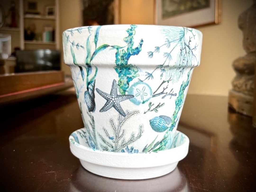 Beach Themed Decoupaged Flower Pot With Drainage Hole, Nautical Décor ...