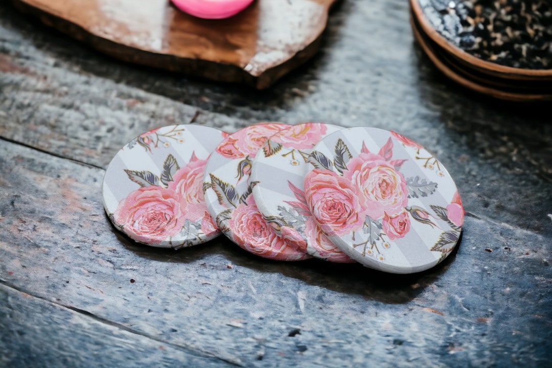 Decoupaged Wooden Coasters With Pink Roses and Grey Stripes Set of 4 - Etsy