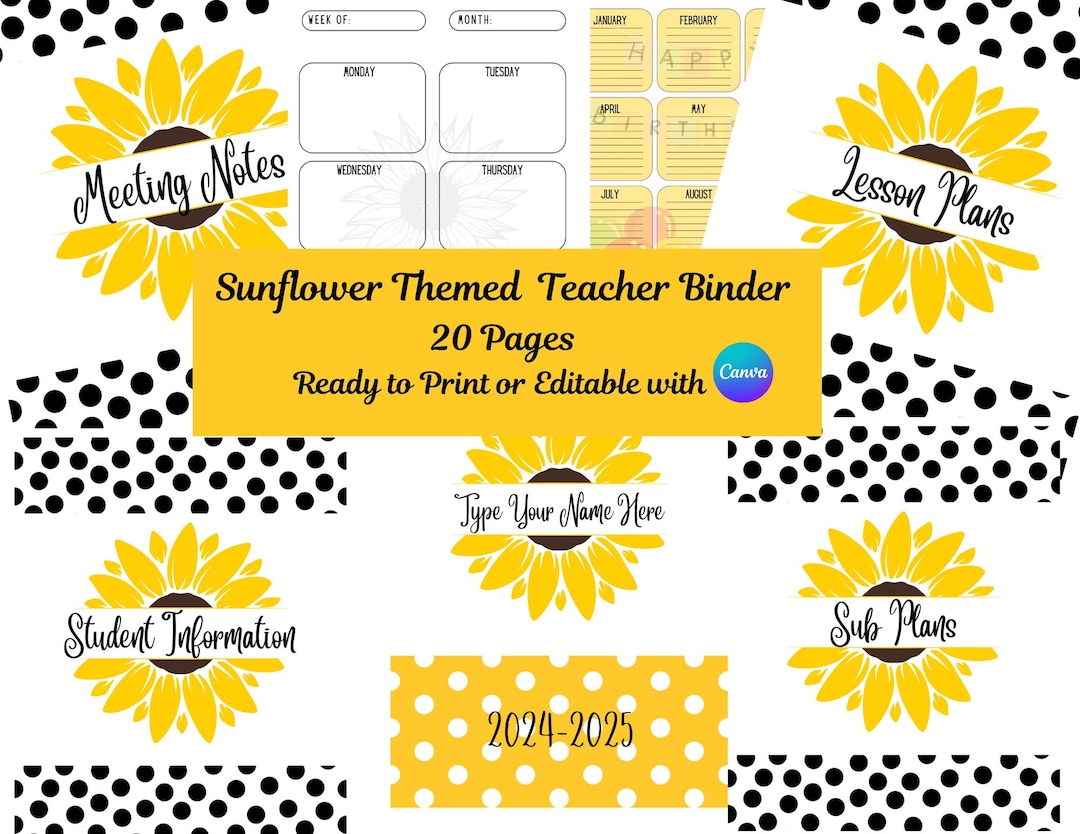 Teacher Binder Covers-sunflower Themed, Planning Pages, Printable ...