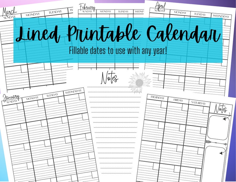 Lined Monthly Calendar, Portrait, Printable Download, Jan-dec - Etsy