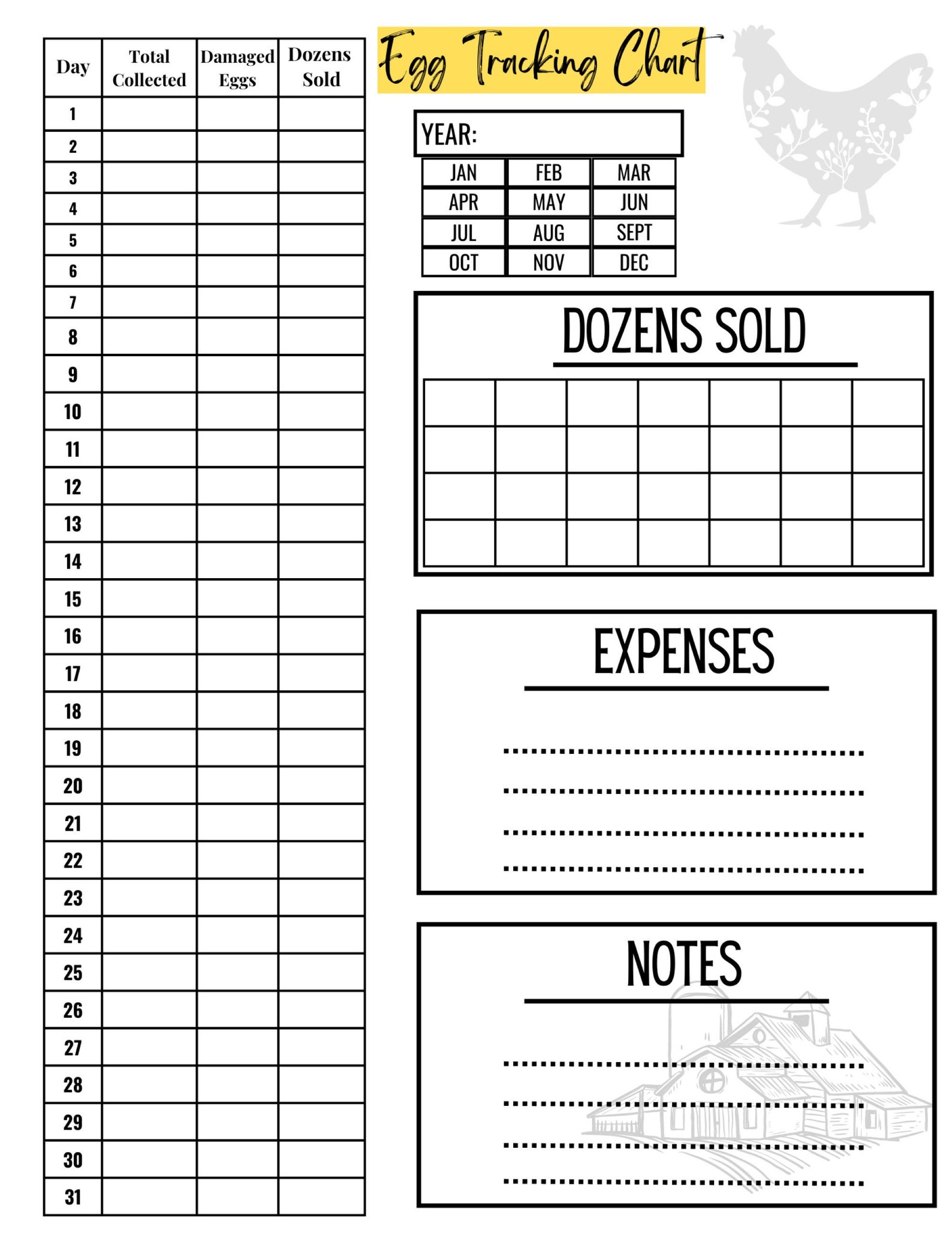 Egg Tracking Chart/ Egg Laying Printable Chart/ Egg Tracker/printable ...