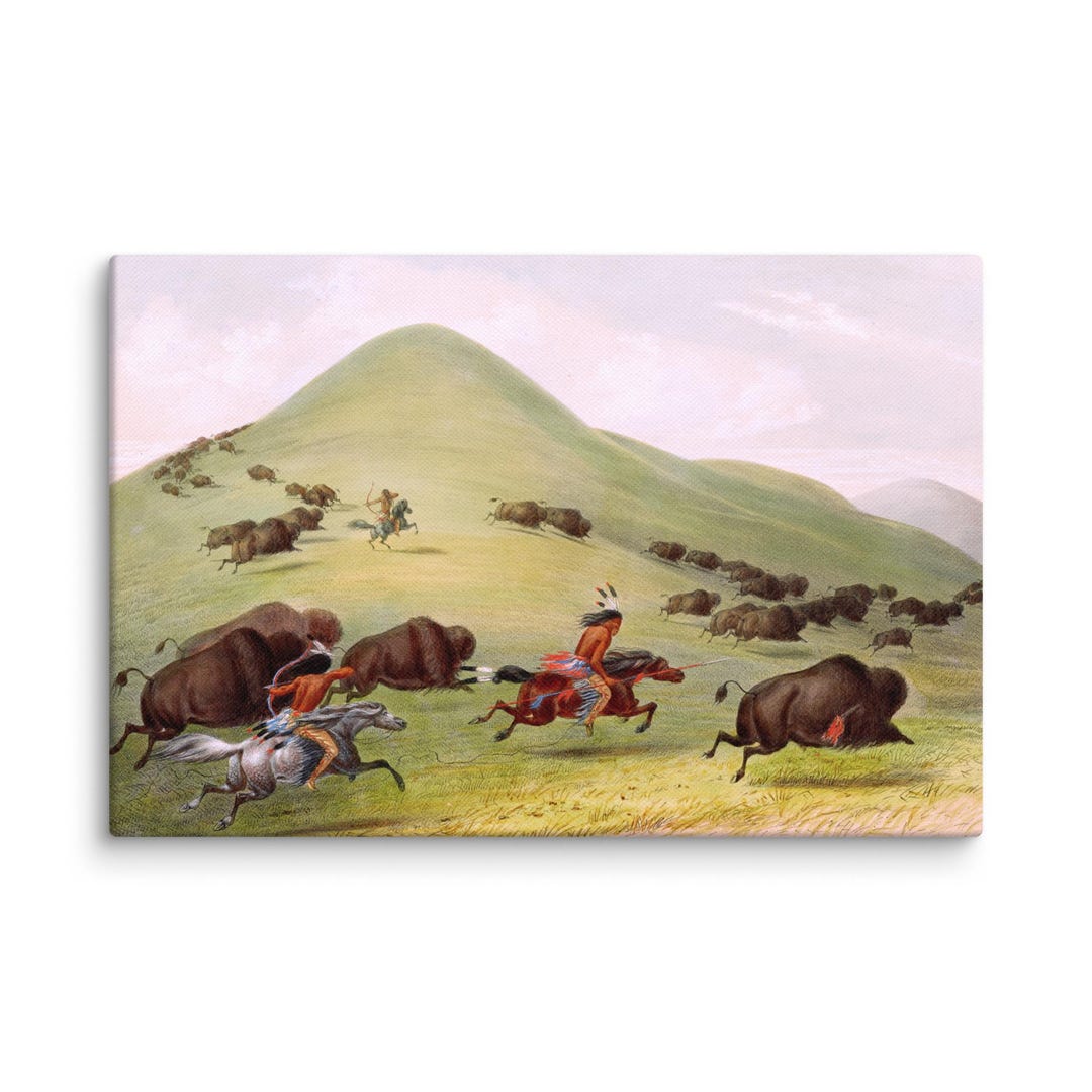 Buffalo Hunt on the Prairie - 8x12 Canvas Print – Vintage Western ...
