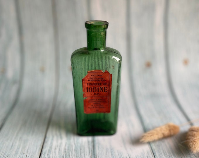 Vintage Green Glass Tincture of Iodine Bottle With Original Label, Made ...