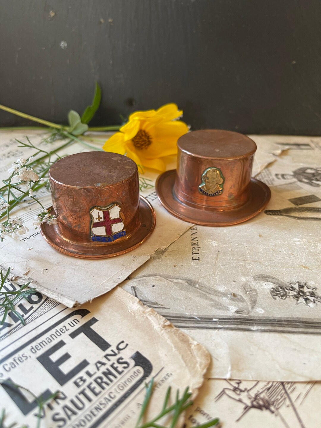 Two Vintage Souvenir Copper Top Hats With Enamel Badges / - Etsy