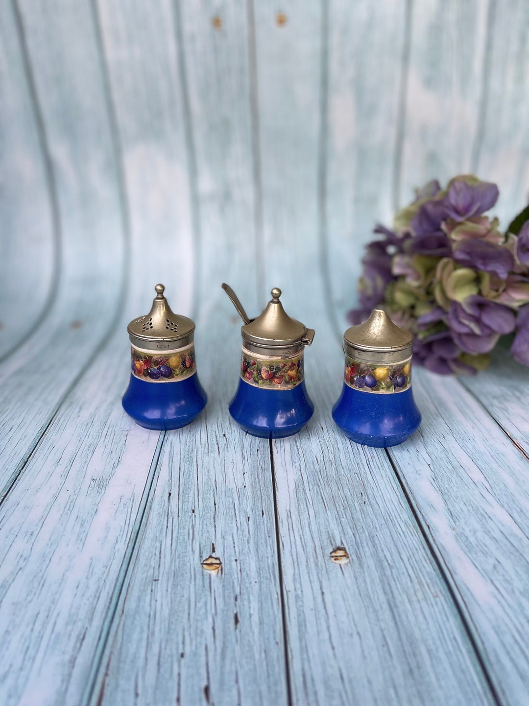 Pretty Blue Ceramic Antique Cruet Set With Transfer Print Design of ...