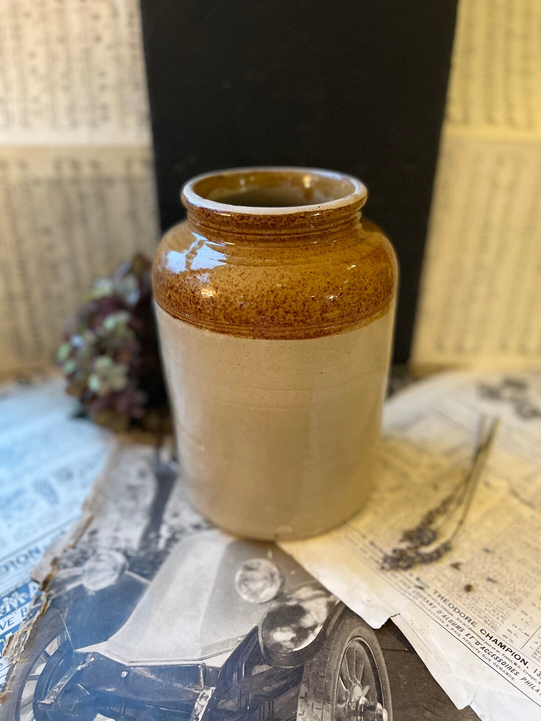 Large Antique Stoneware Crock Pot / Plant Pot / Utensil Pot / - Etsy