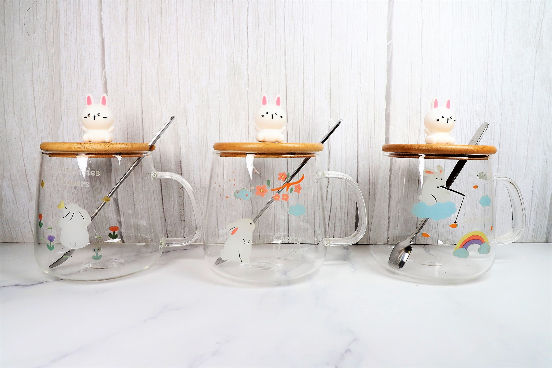 Cute Rabbit Mug Glass Mug With Spoon and Wood Lid Cute Design - Etsy UK