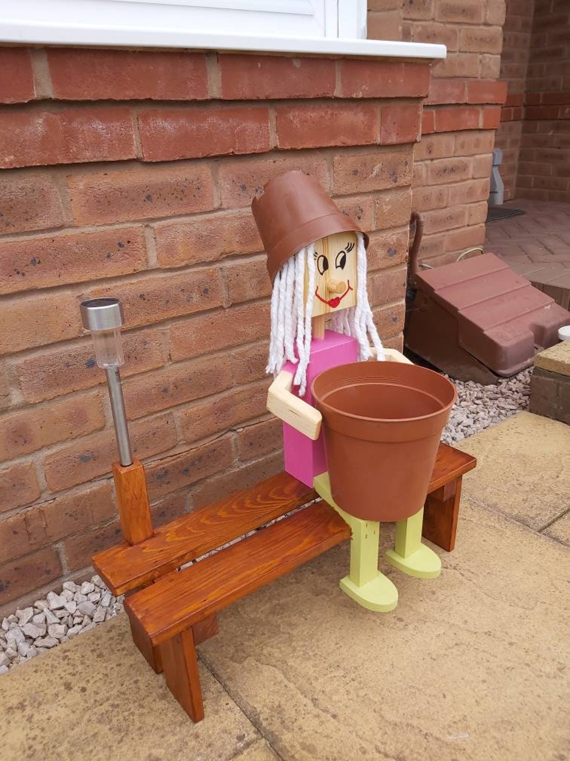 Wooden Flower Pot Man / Lady on Bench - Etsy UK