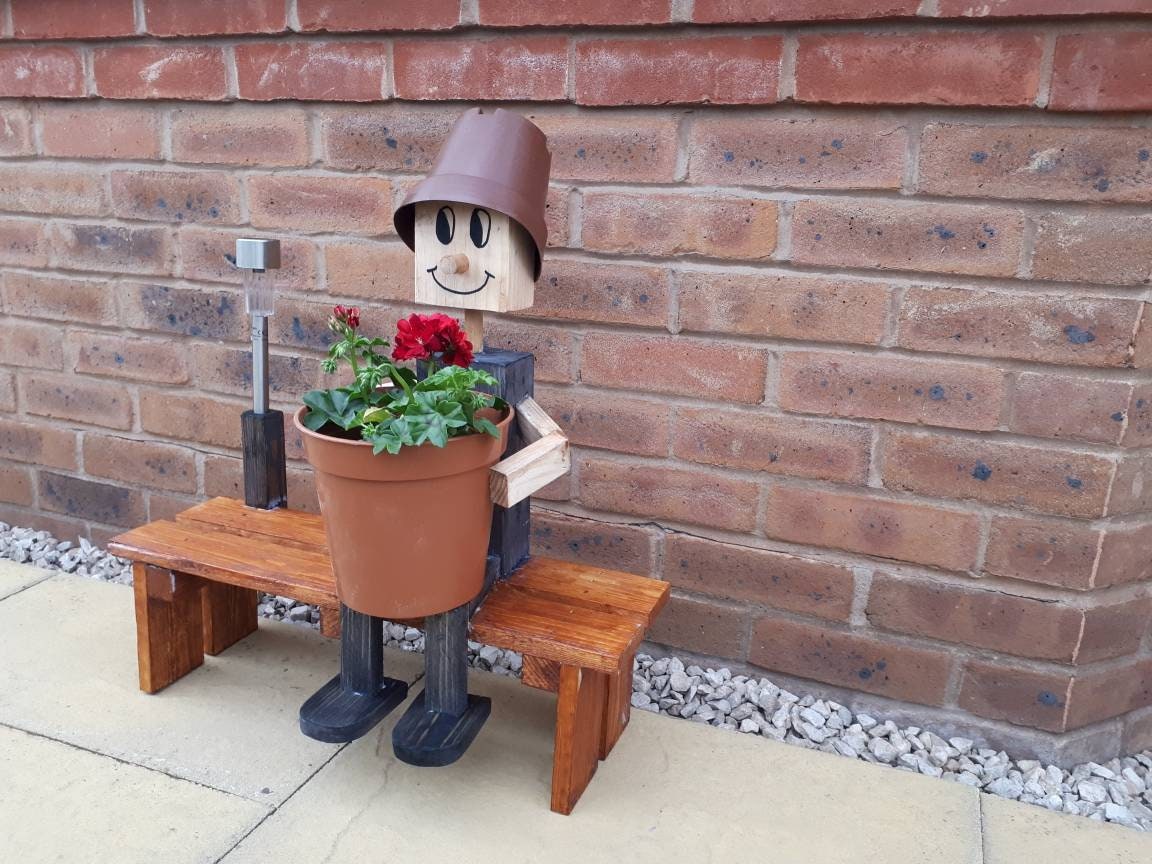 Wooden Flower Pot Man / Lady on Bench - Etsy UK