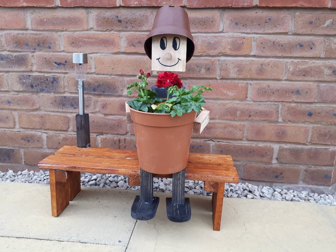 Wooden Flower Pot Man / Lady on Bench - Etsy UK
