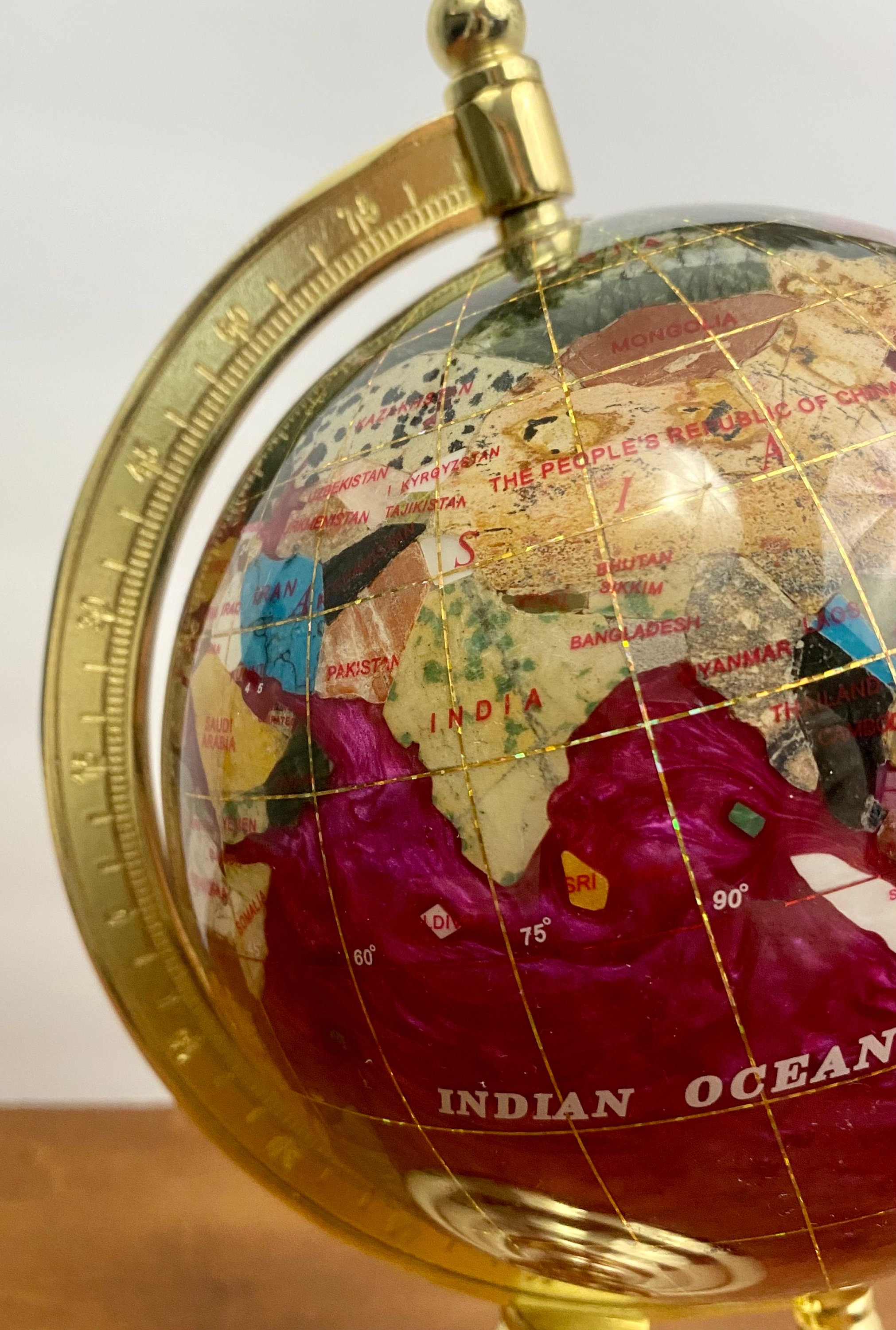 Semi Precious Gemstone Inlay Pink Pearl Ocean Globe on Brass Half ...