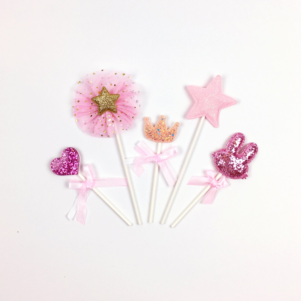 Adorable 5pc 3D Cake Toppers - Pink & Gold Glitter Star, Bunny, Heart ...