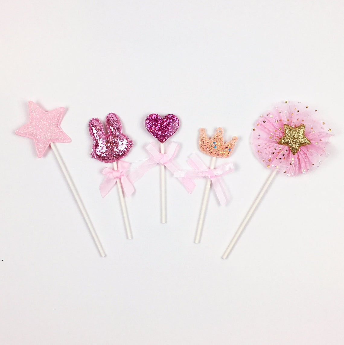 Adorable 5pc 3D Cake Toppers - Pink & Gold Glitter Star, Bunny, Heart ...