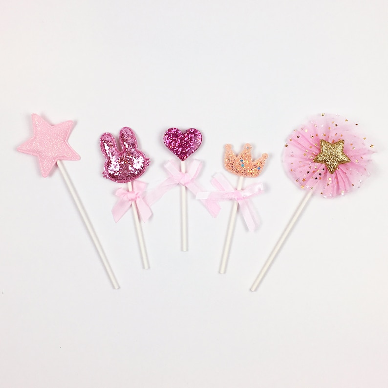 Adorable 5pc 3D Cake Toppers - Pink & Gold Glitter Star, Bunny, Heart ...