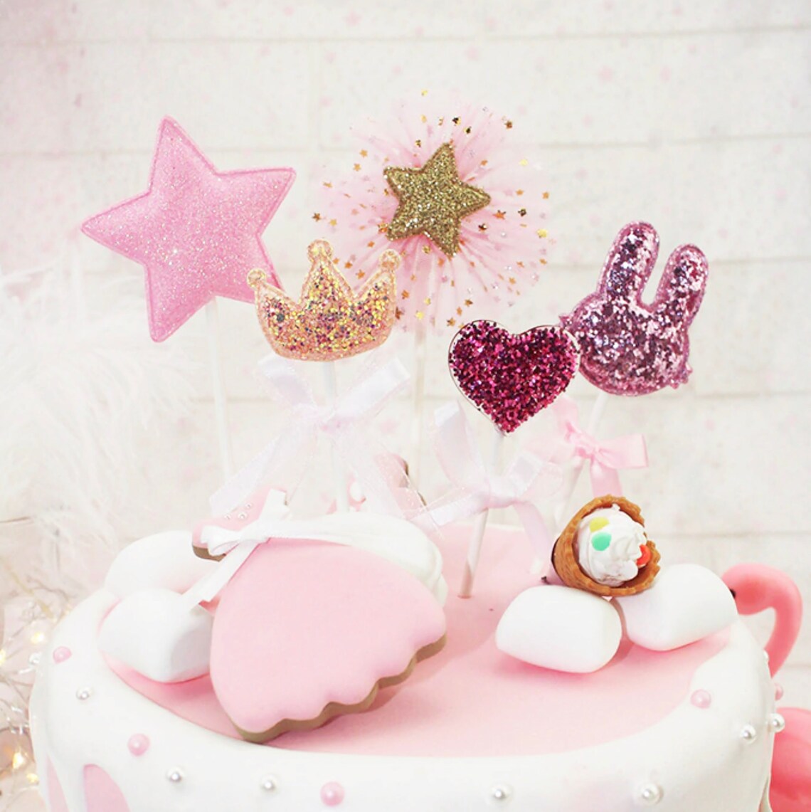 Adorable 5pc 3D Cake Toppers Pink & Gold Glitter Star - Etsy