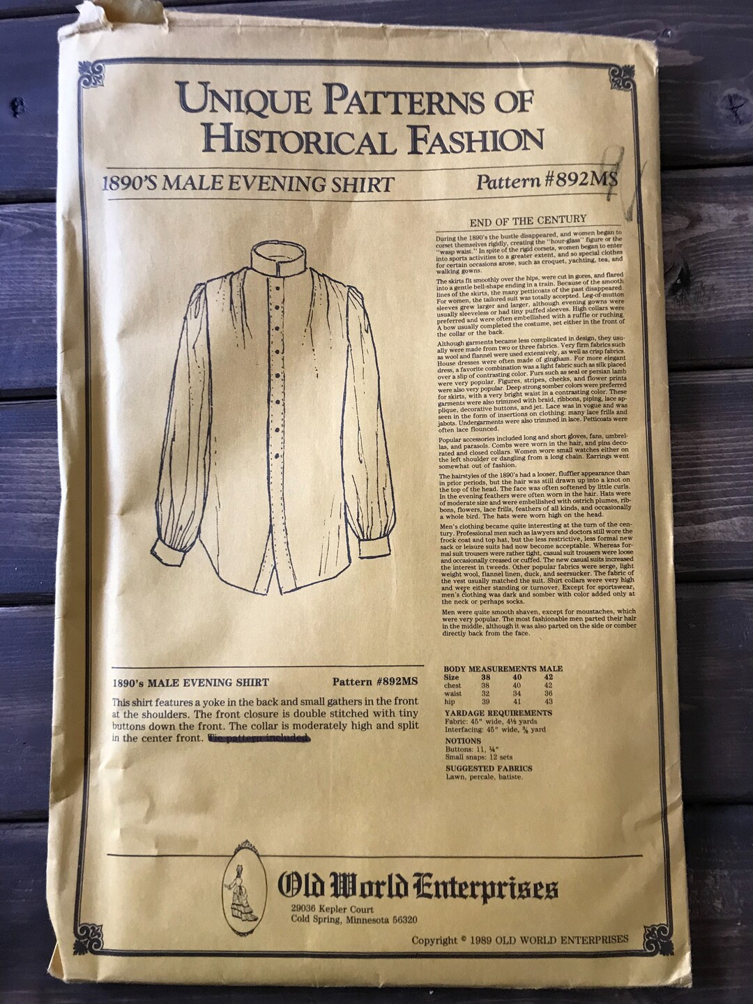 Old World Enterprises Pattern 892MS 1890’s Male Evening Shirt - Etsy