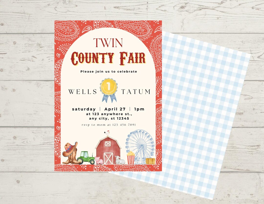 Twin Birthday Invitation: County Fair Carnival Theme (5x7 PDF Template ...