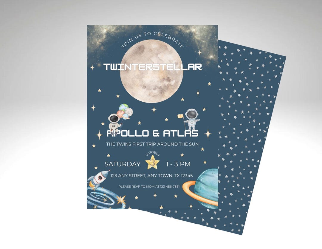 Twin Boys First Birthday Invitation: Interstellar Space Theme (5x7 PDF ...