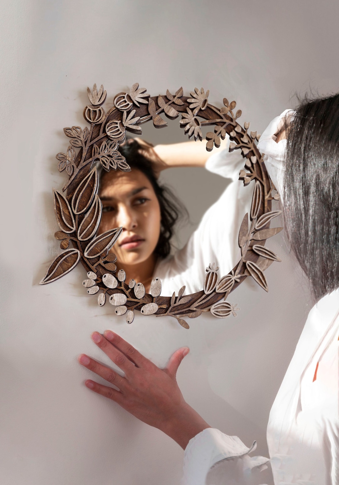 Small Wall Mirror SIZE M 16'' 40cm Wood Laser Mirror Round Mirrors for ...