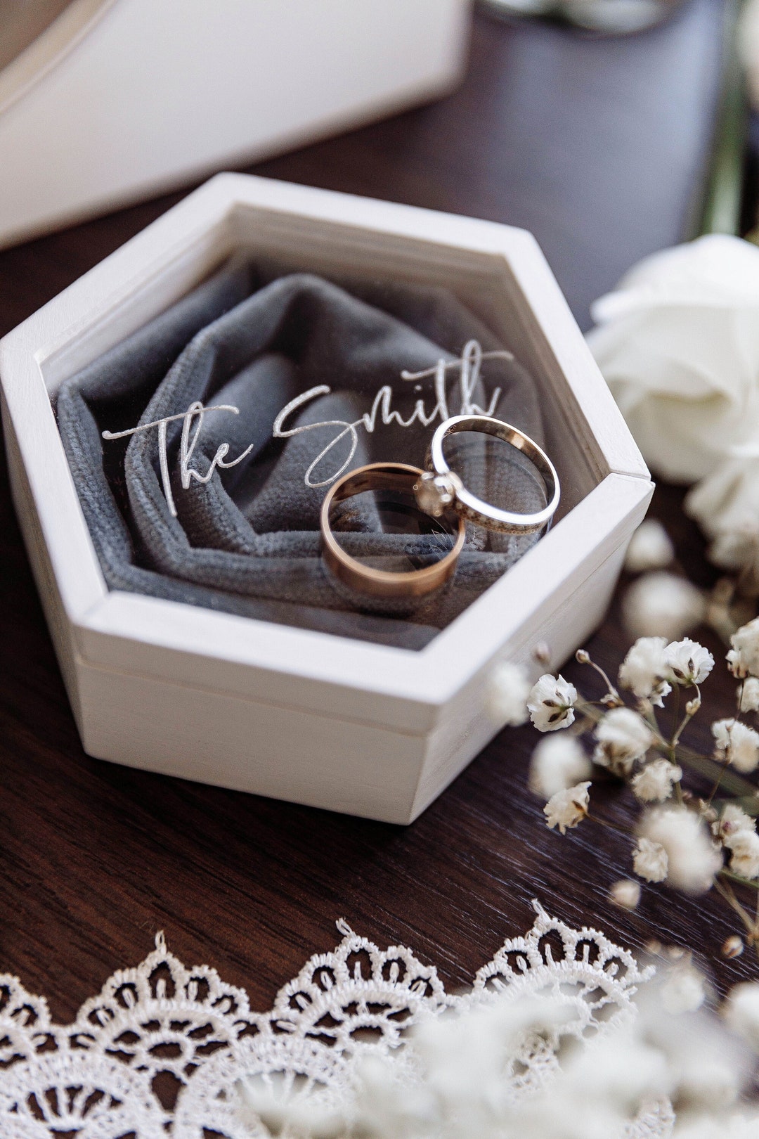 Wedding Ring Box for Ceremony White Ring Holder Hexagonal Wedding Day ...