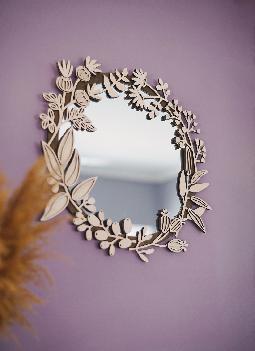 Wood Floral Frame Mirror Boho Style 16 Inches (40 Cm) • Wall-decor-and ...