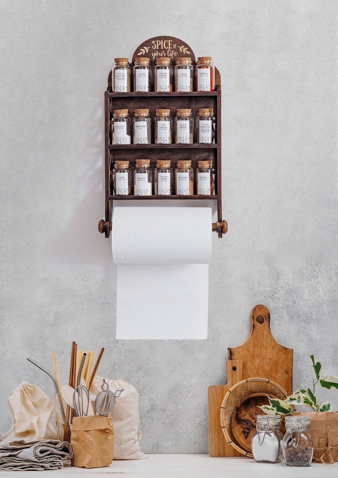 Wooden Spice Rack With Spice Jars Set and Spice Labels, Spice Rack Wall ...